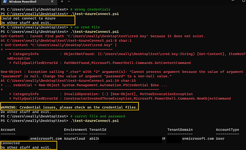 Need to throw an error when "Connect-AzureAD -Credential $Credentials" fails - Programming ...