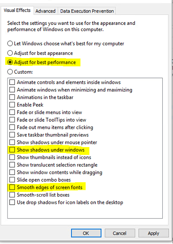 Adjust for best performance in visual effects and also Show shadows ...
