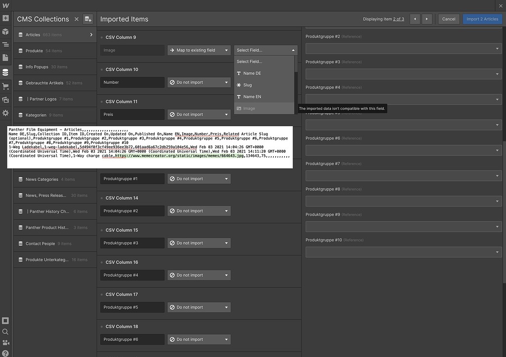 Solved Image Csv Import Says The Imported Data Isnt Compatible With This Field” Cms