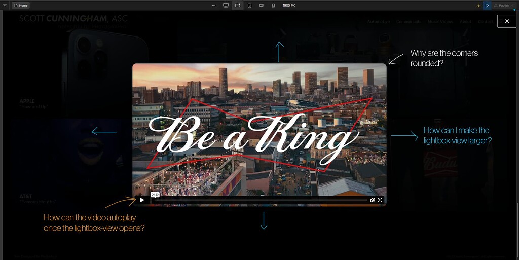 Change lightbox-view size, border radius, and autoplay- Need Help - Custom code - Forum | Webflow