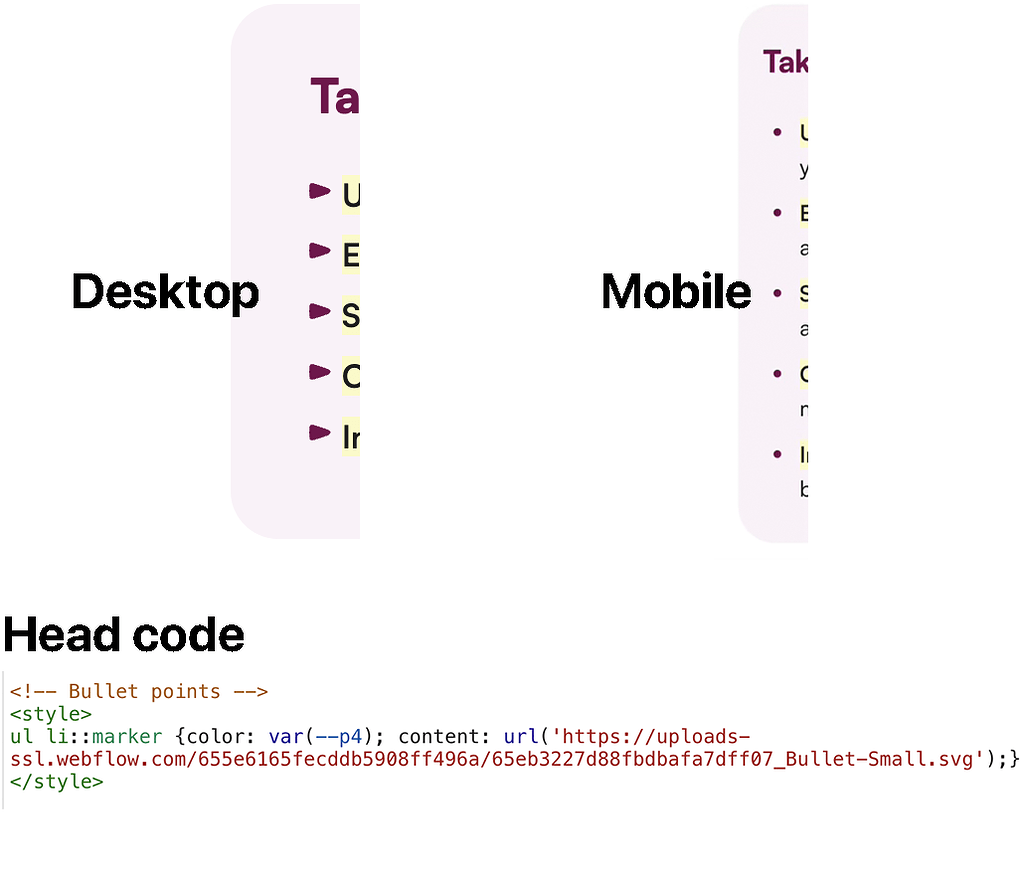 Custom unordered bullet show differently on desktop and mobile - Custom code - Forum | Webflow