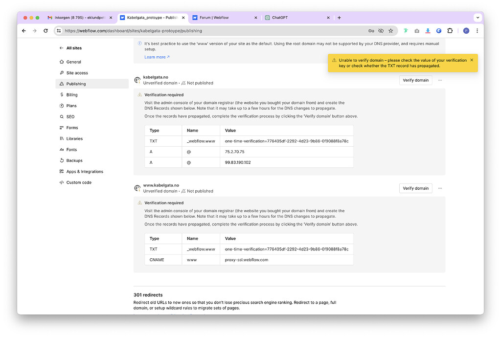 Issue Connecting Custom Domain Project Settings Forum Webflow
