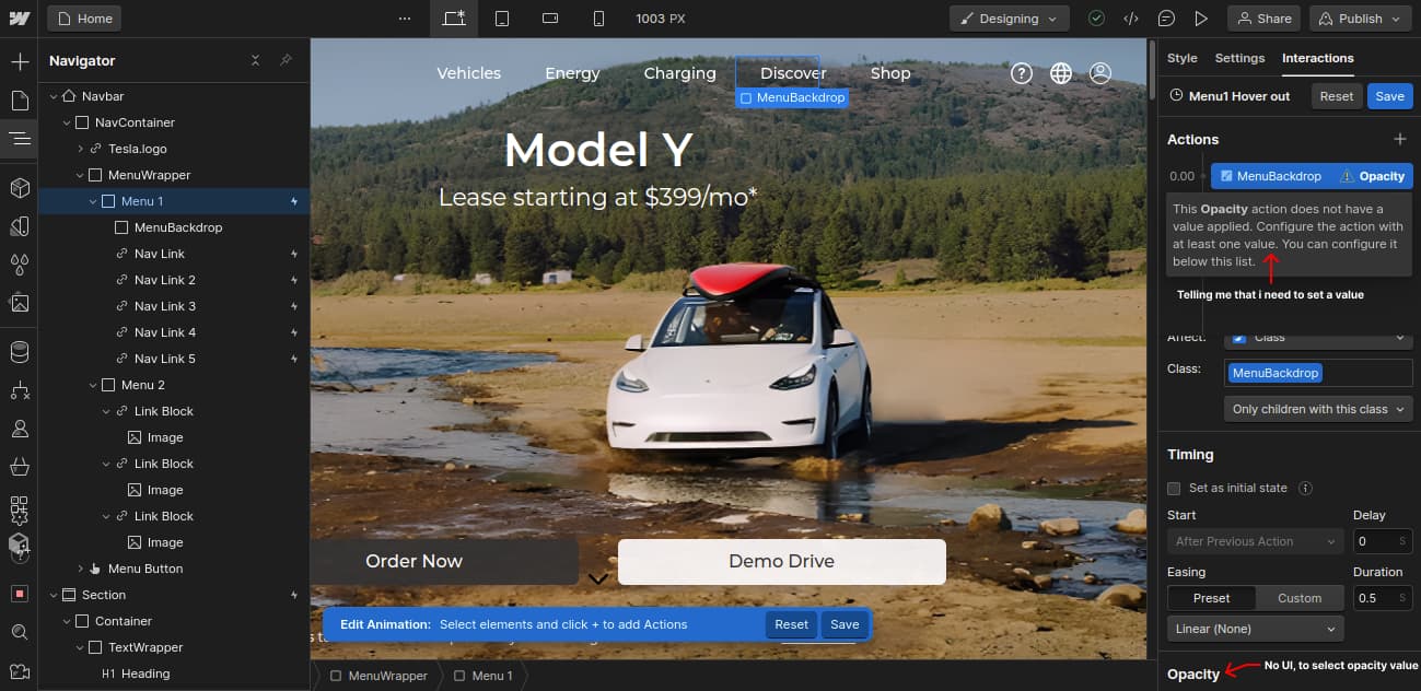 I cant don't have a way to edit the opacity of an interaction - Animations & Interactions ...