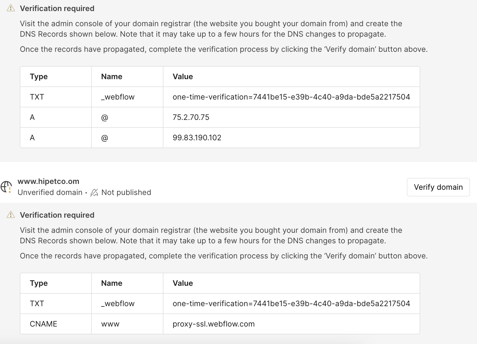 Unable to verify domain - Project settings - Forum | Webflow